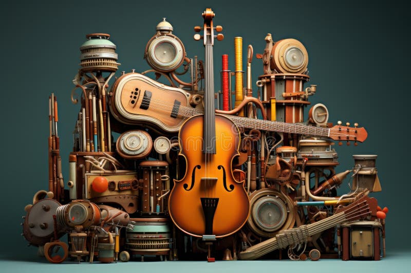 Surreal Musical Instrument Assembly on Turquoise Background Stock ...