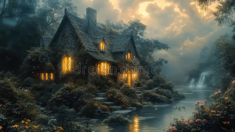Surreal Mystical Cottage. Fantasy Artwork Stock Illustration ...