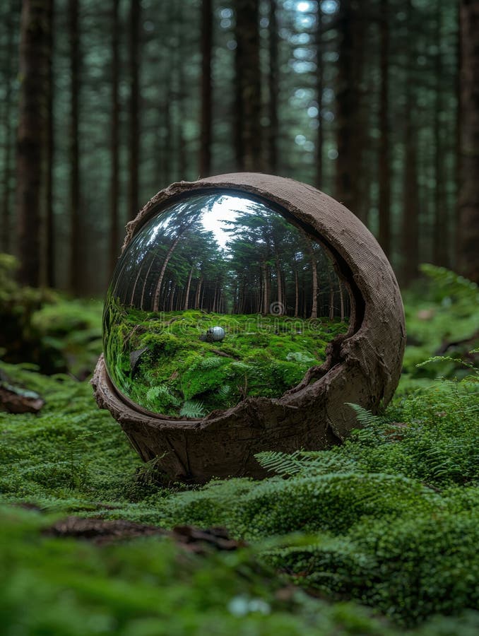 Surreal Nature Scene with a Reflective Sphere in a Mossy Forest. Stock ...