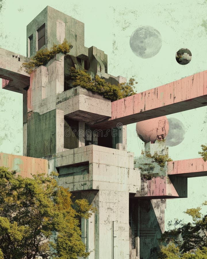 Surreal Neo Brutalist Architecture Surrounded by Nature Under a Pastel ...