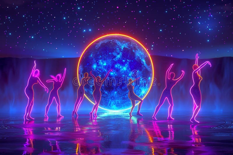Surreal Neon Figures Dancing Under a Neon Moon Stock Illustration ...