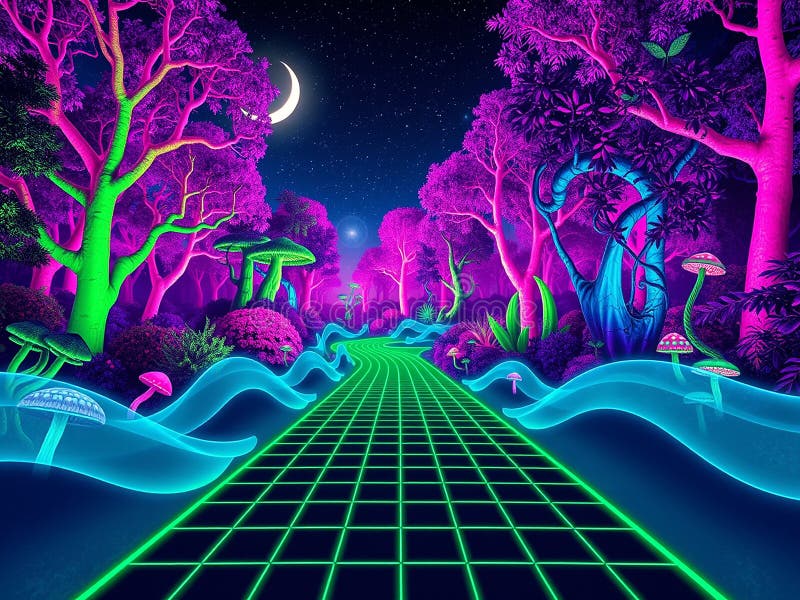 A Surreal Neon Forest Scene. Central Focus is a Path with a Grid-like ...
