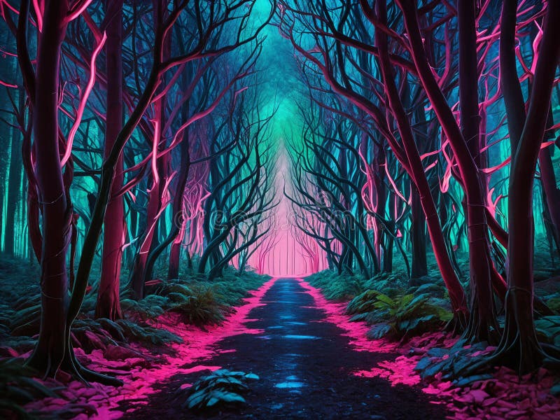 A Surreal Neon Forest Scene. Central Focus is a Path with a Grid-like ...