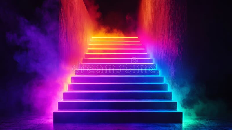 Surreal Neon Illuminated Stairs in a Dark Setting, Ideal for Artistic ...