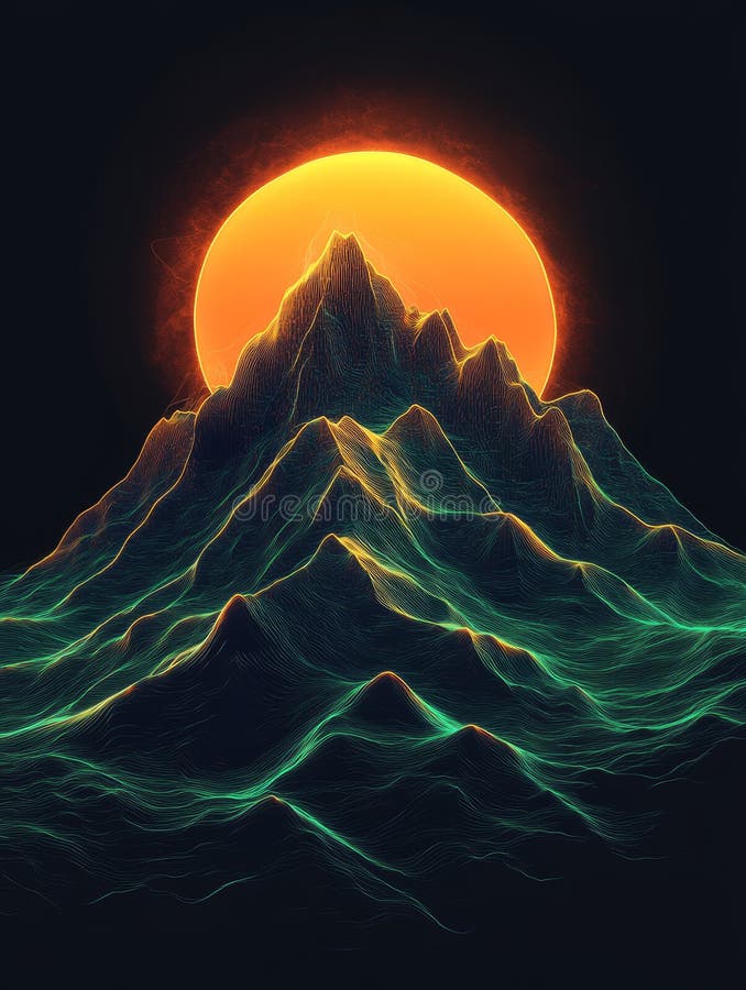 Surreal Neon Mountains with Glowing Sunset in Digital Art. Stock Photo ...