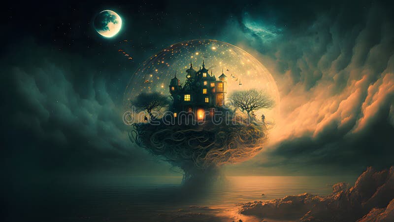 Surreal Night Dreamscape of Floating Bubble with Castle on it, Neural ... Surreal Night Dreamscape of Floating Bubble with Castle on it, Neural ...