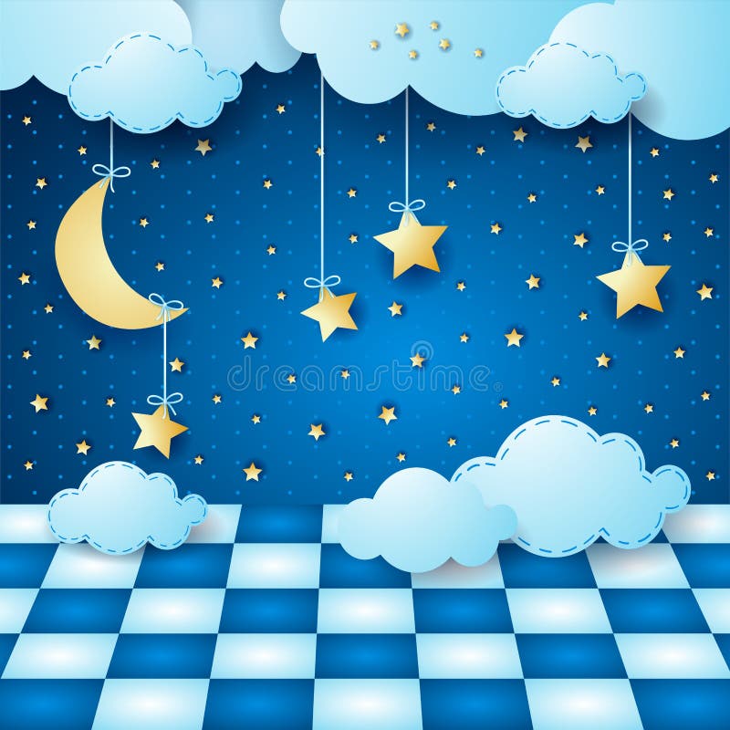Surreal Night with Hanging Moon, Clouds and Floor Stock Vector ...