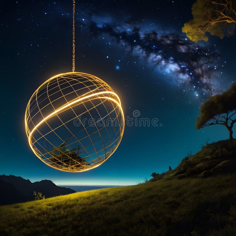 Surreal Night Landscape with Glowing Sphere and Starry Sky Stock Photo ...
