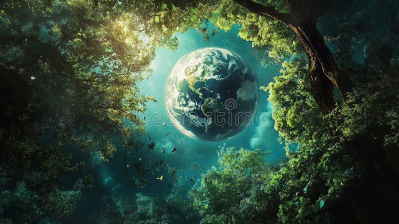 Surreal Night Scene of Earth Emerging from Lush Forest Canopy Stock ...