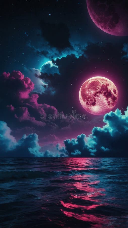 Surreal Night Scene with Two Moons, Floating Figure, and Colorful ...