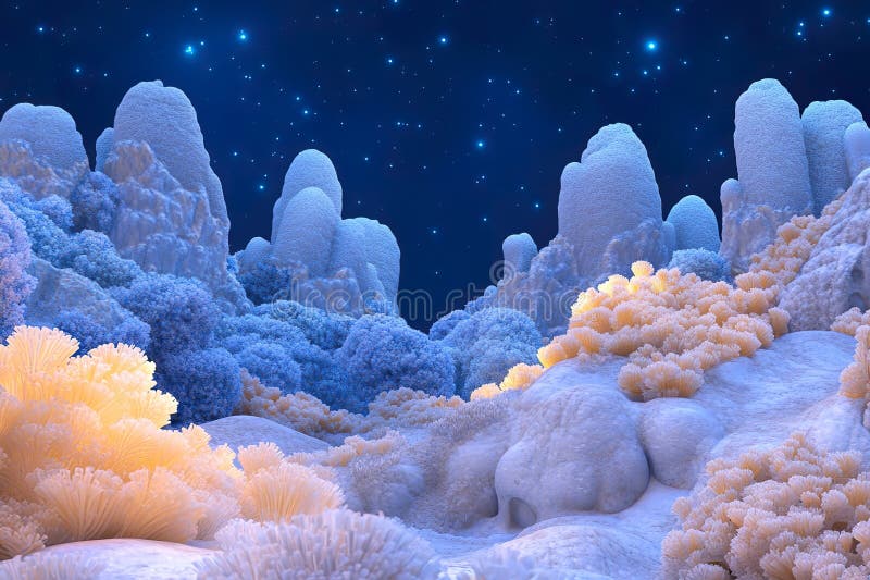 Surreal Nightscape Featuring Pale Orange Plants with Bumpy White Rocks ...