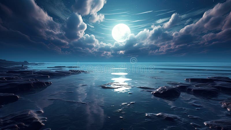 Surreal Ocean Moonlight Artwork Stock Illustration - Illustration of ...