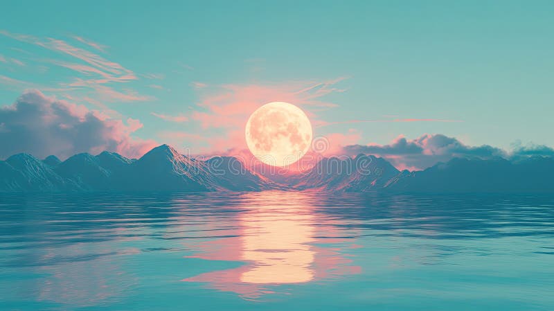 A Surreal Ocean Scene with a Glowing Full Moon Reflected in Calm Waves ...