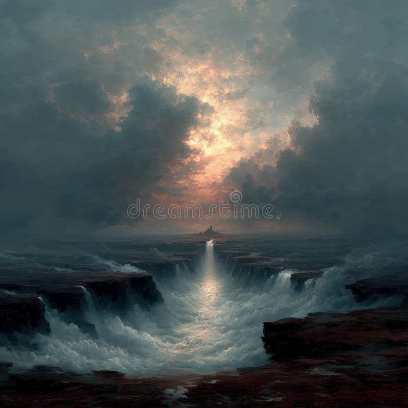 Surreal Ocean Waterfall with Dramatic Clouds and Distant Island at ...