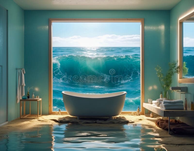 Surreal Ocean Wave Crashing through a Bathroom Wall Mirror, Blending ...