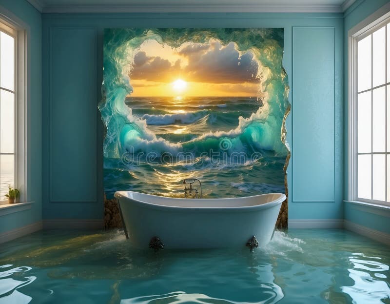 Surreal Ocean Wave Crashing through a Bathroom Wall Mirror, Blending ...