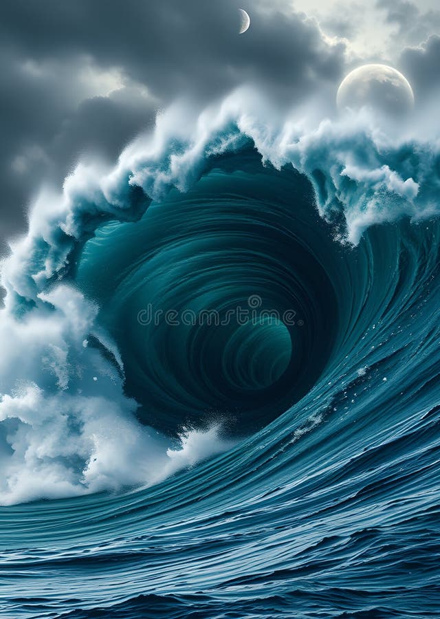 Surreal Ocean Wave with Crescent and Full Moon Stock Image - Image of ...