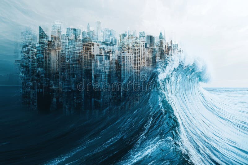 Surreal Ocean Wave Merging with Urban Cityscape in Dramatic Scene Stock ...