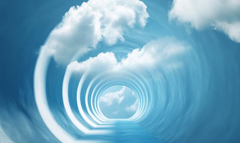 Surreal Ocean Wave Tunnel with Clouds and Blue Sky Stock Photo - Image ...