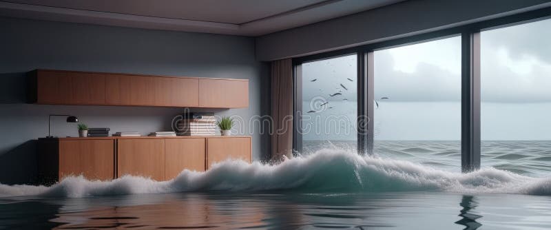 Surreal Ocean Waves Inside Modern Living Room with Ocean View Stock ...
