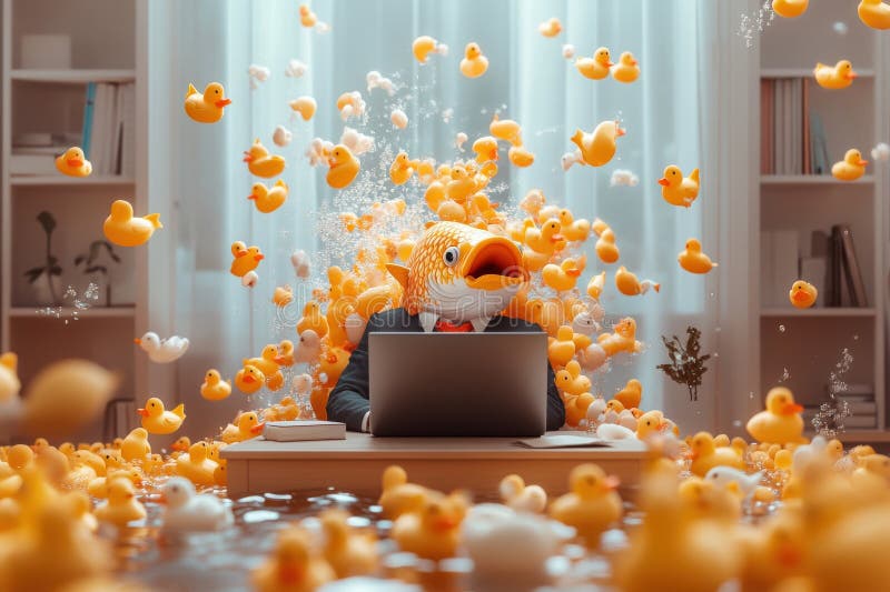 Surreal Office Scene with Fish-headed Person Surrounded by Rubber Ducks ...