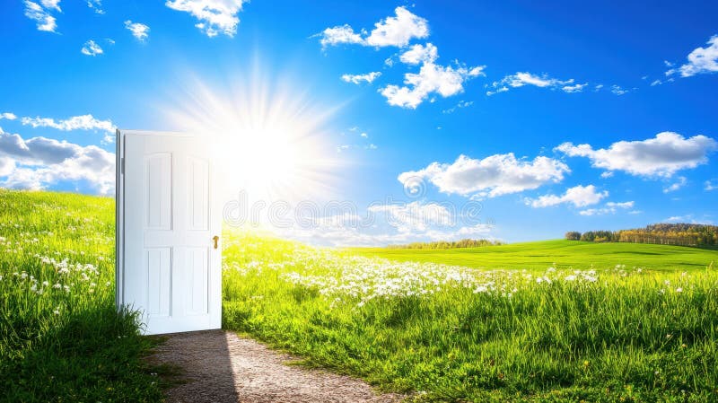 Surreal Open Door To Bright Spring Landscape Stock Photo - Image of ...