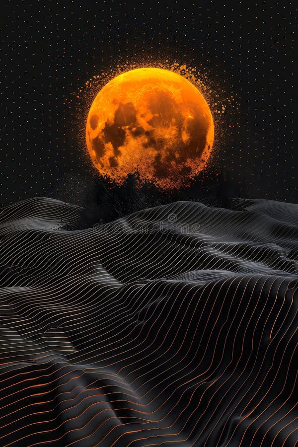Surreal Orange Moonrise Over Abstract Black Sand Dunes at Night Stock ...