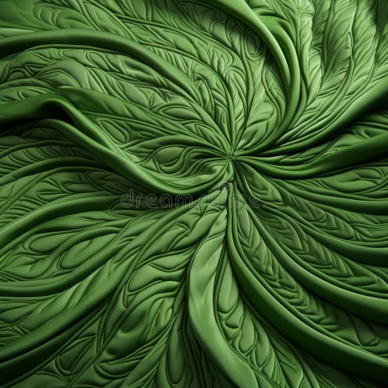 Surreal Organic Forms: Vibrant Green Fabric with Detailed Leaf Patterns ...