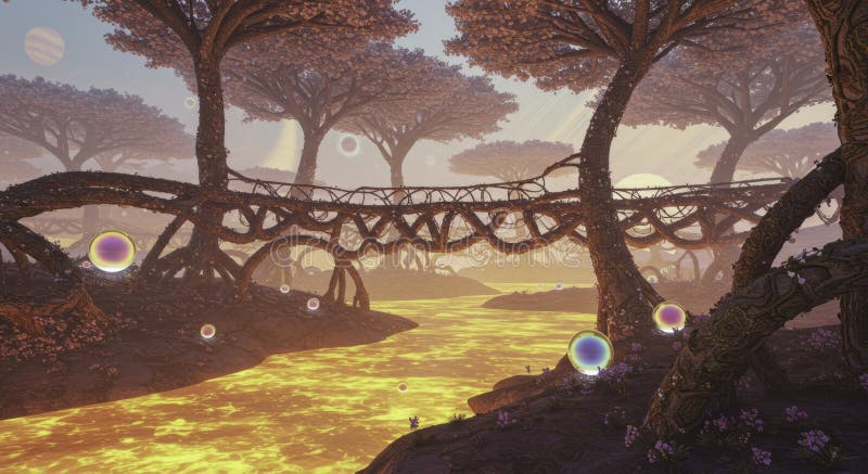Enchanted Alien Forest with Glowing River and Floating Bubbles Stock ...