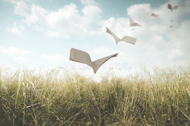 Surreal Pages of an Open Book Fly Free Like Birds in the Sky Stock ...