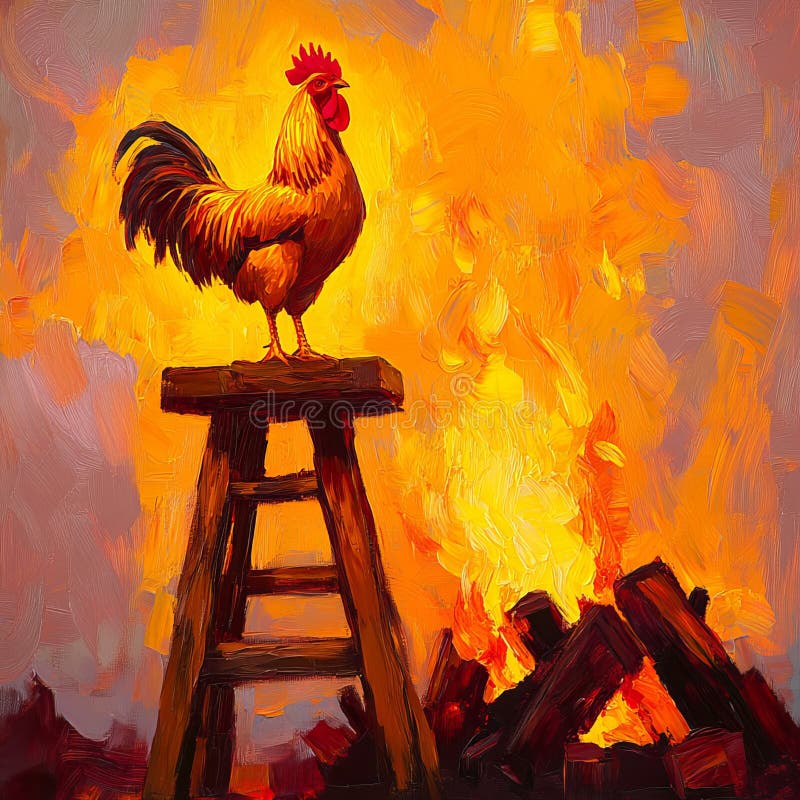 A Surreal Painting of a Chicken Flying Over Flames Stock Photo - Image ...