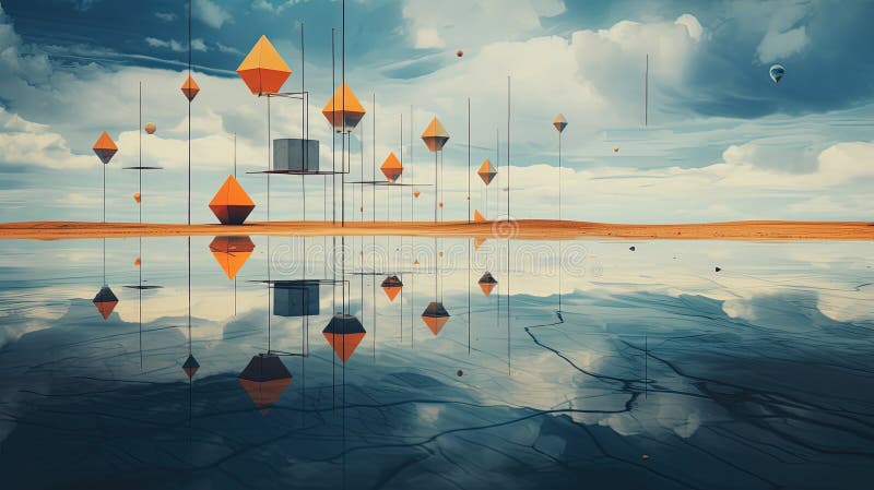 A Surreal Painting with Floating Geometric Shapes Stock Illustration ...