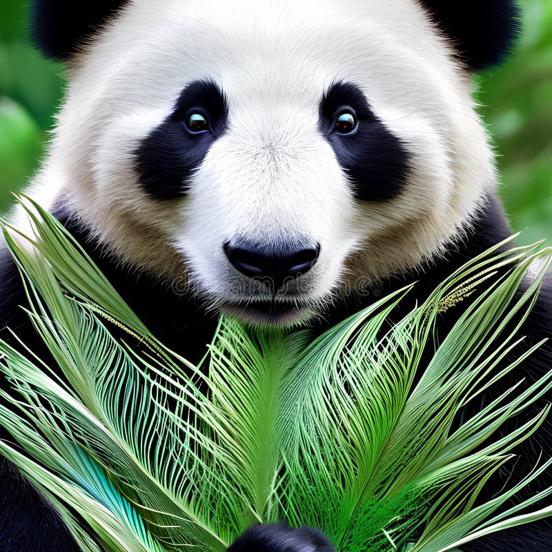 A Surreal Panda with Peacock Feathers, Showcasing a Stunning Display of ...