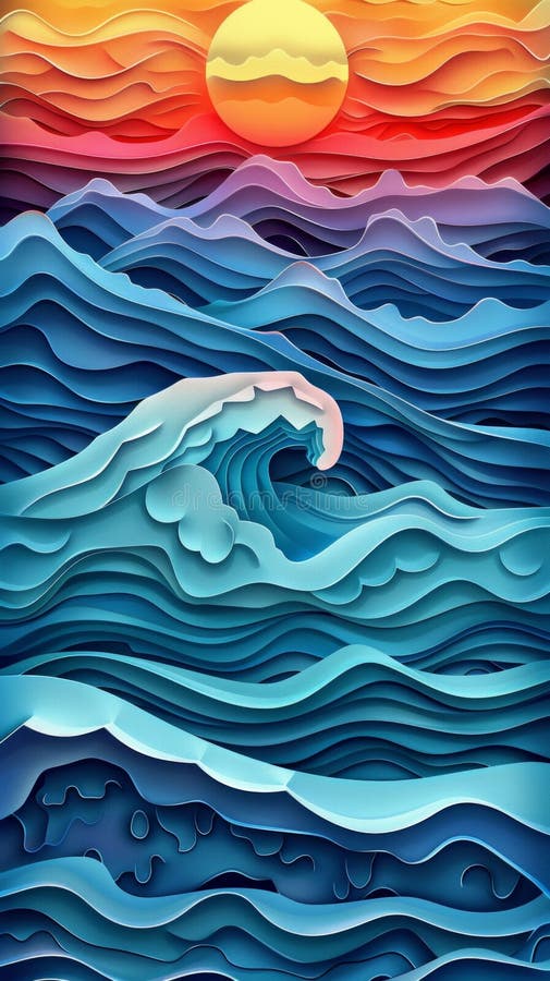 Surreal Paper Cut Waves in Gradient Hues. Generative Ai Stock ...