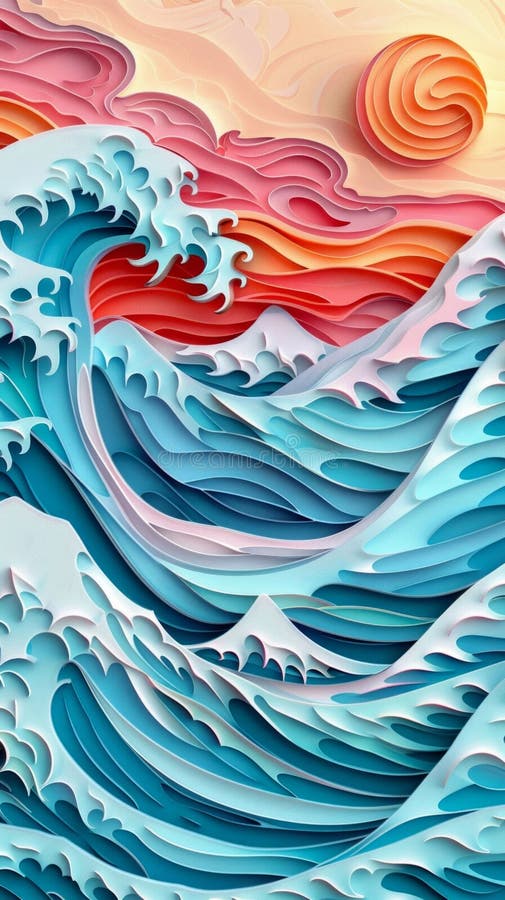 Surreal Paper Cut Waves in Gradient Hues. Generative Ai Stock ...