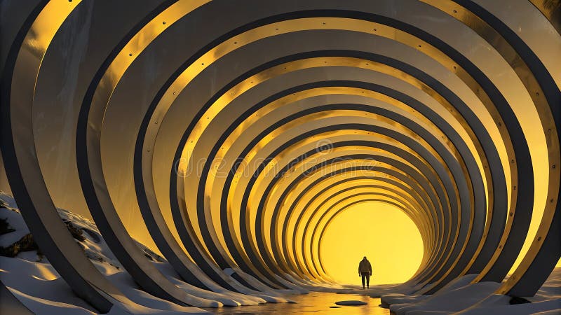 Surreal Passage with Snow and Silhouette in Concentric Golden Arches ...