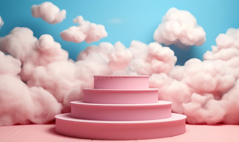 Surreal Pastel Pink Platform with Fluffy Clouds Backdrop in a Dreamy ...