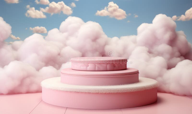 Surreal Pastel Pink Platform with Fluffy Clouds Backdrop in a Dreamy ...