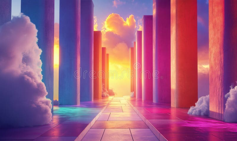 Surreal Pathway with Colorful Pillars Leading To a Vibrant Sunset Sky ...