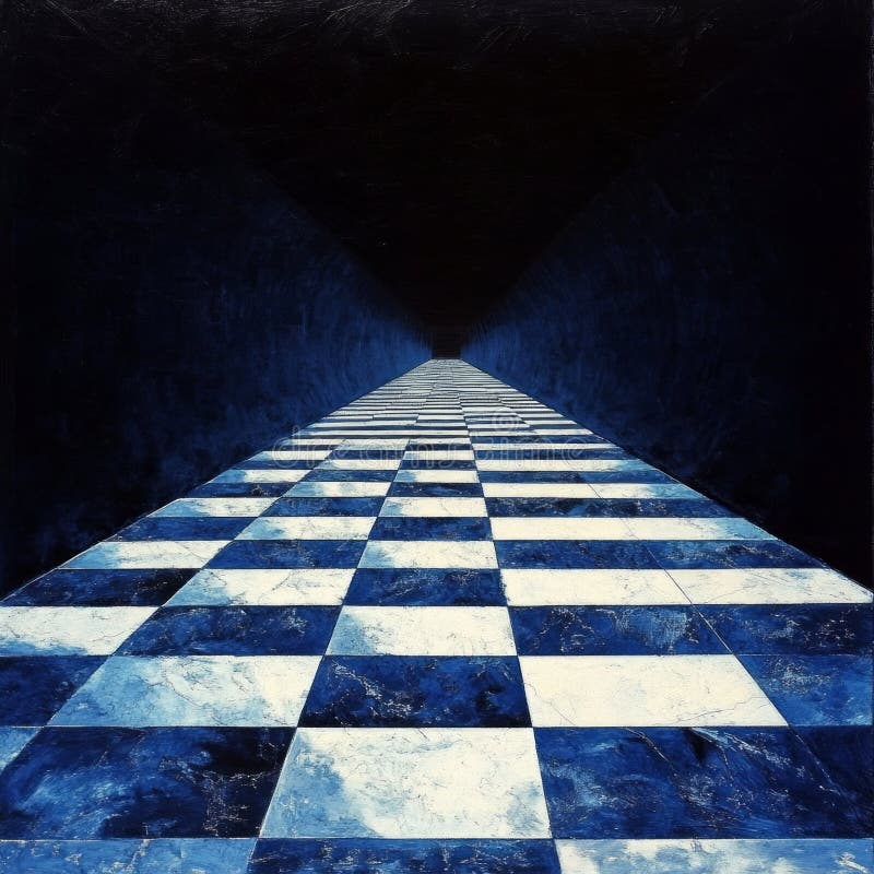 A Surreal Pathway Extends into a Dark Void. the Checkered Floor Creates ...