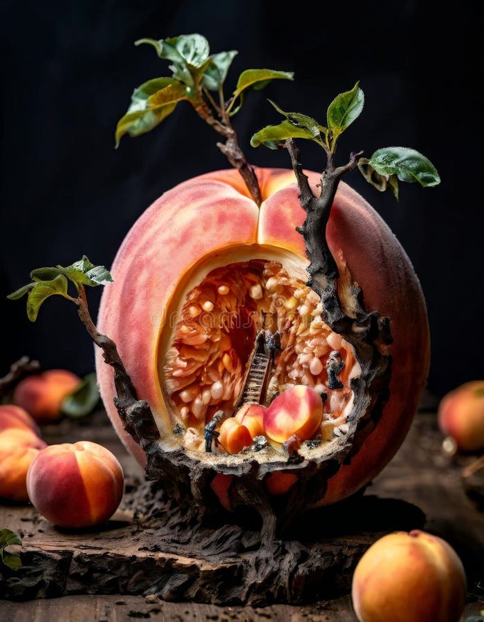 Surreal Peach with Miniature Figures Exploring Its Interior Stock Image ...