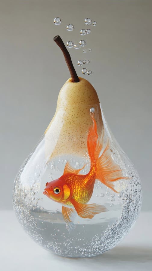 Surreal Pear-shaped Fish Bowl with Goldfish and Bubbles, Creative Art Concept Stock Photo ...