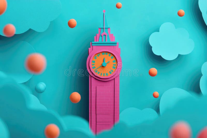 Surreal Pink Clock Tower in Vibrant Cloudy Sky with Floating Spheres ...