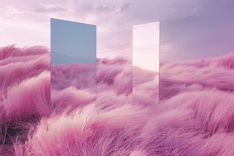 Surreal Pink Field of Grass with Three Vertical Mirrors Reflecting the ...