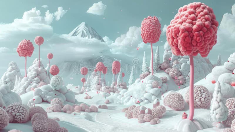 Surreal Pink Forest Landscape with Snow-Capped Mountains Stock Photo ...