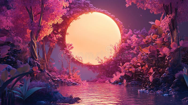 Surreal Pink Jungle Scene with Glowing Orb Stock Image - Image of pink ...