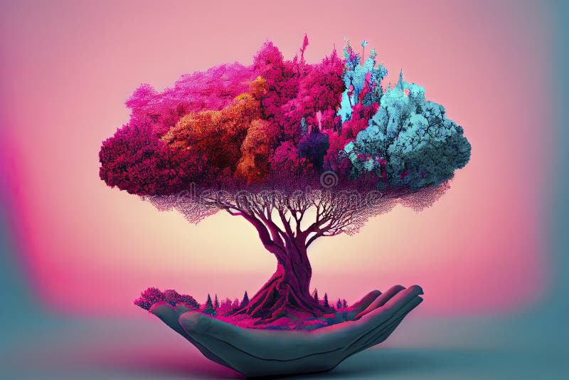 Surreal Pink Landscape with Hands Holding a Colorful Tree Stock ...