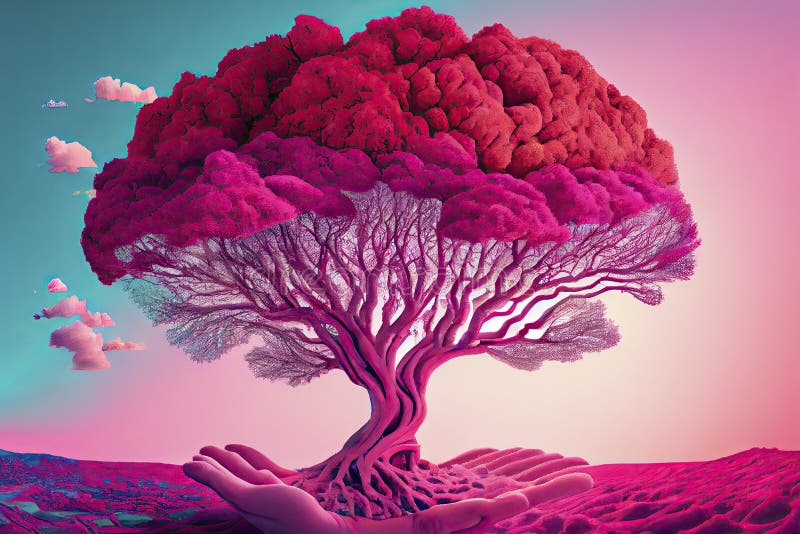 Surreal Pink Landscape with Hands Holding a Colorful Tree Stock ...