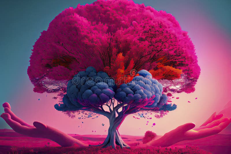 Surreal Pink Landscape with Hands Holding a Colorful Tree Stock ...