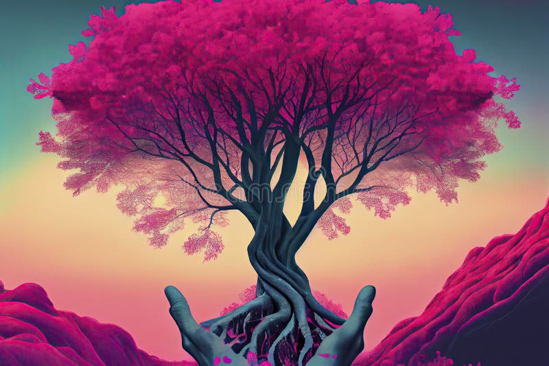 Surreal Pink Landscape with Hands Holding a Colorful Tree Stock ...